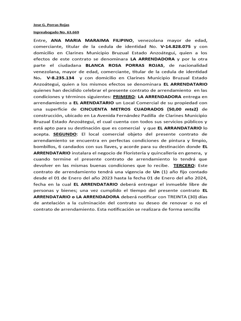 Contrato Arrendamiento Ana Maraima - Blanca Porras | PDF