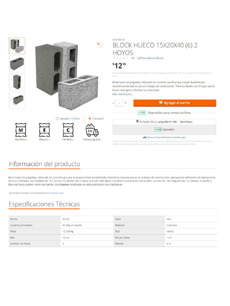 Ficha Tecnica Block 15x20x40 Hueco Home Depot | PDF
