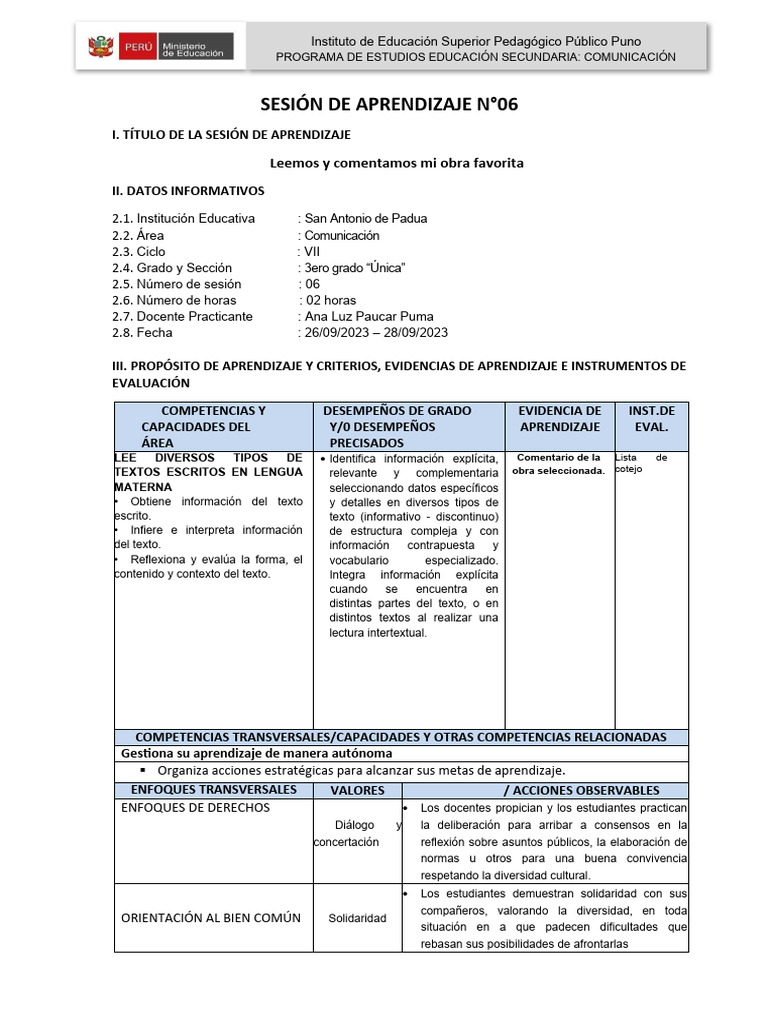 Sesion de Aprendizaje N°06 - 3ero Grado San Antonio de Padua | PDF
