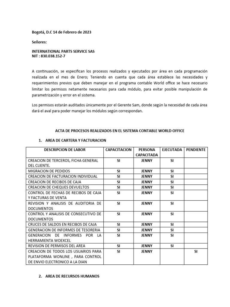 ACTA DE TRABAJO WORLD OFFICE | PDF