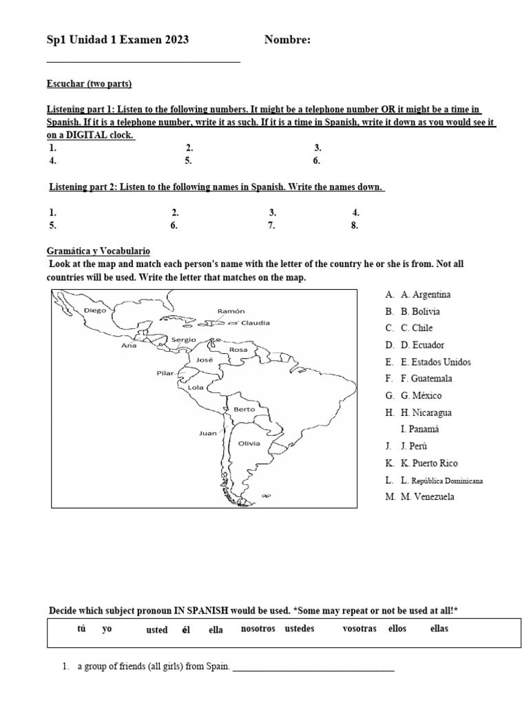 Spanish 1 - Unit 1 Test, Full | PDF | Languages | Foreign Language Studies