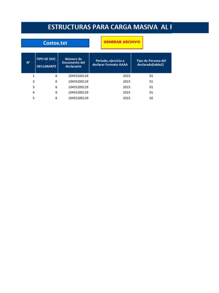 Estructuras en Excel para PDT 3500 DAOT 2016 SUNAT 1 | PDF | Formatos ...