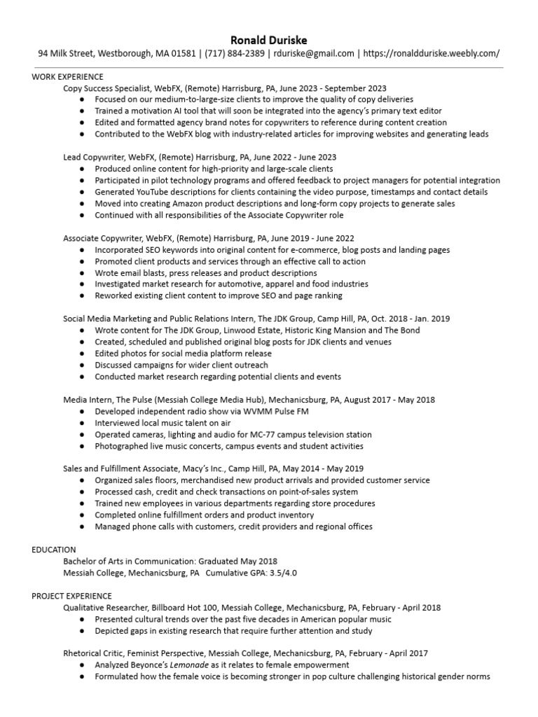 Ronald Duriske Resume 2023 | PDF | Copywriting | Search Engine Optimization