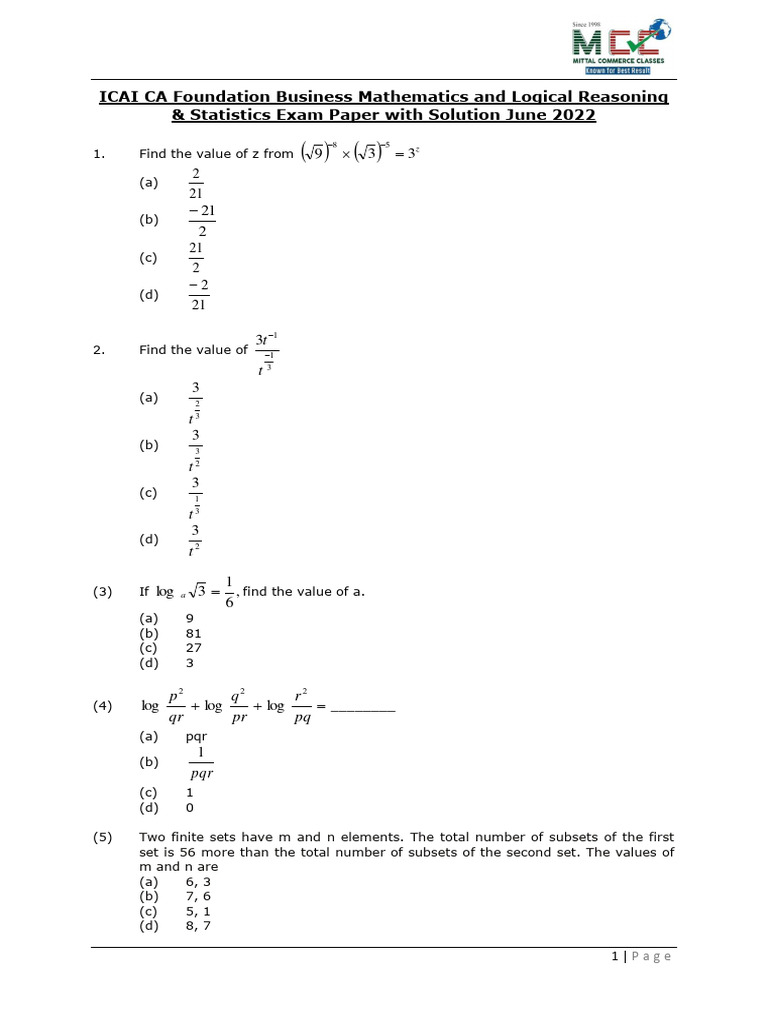 June 2022 Maths ICAI Exam Paper With Solution | PDF