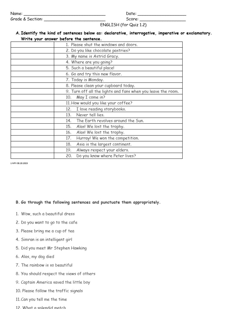 Grade 3 Quiz 1.2 English | PDF