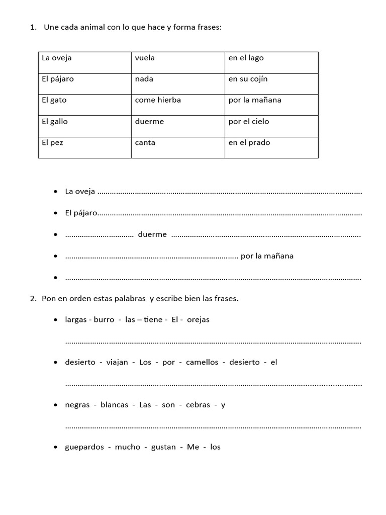 Une Cada Animal Con Lo Que Hace y Forma Frases | PDF