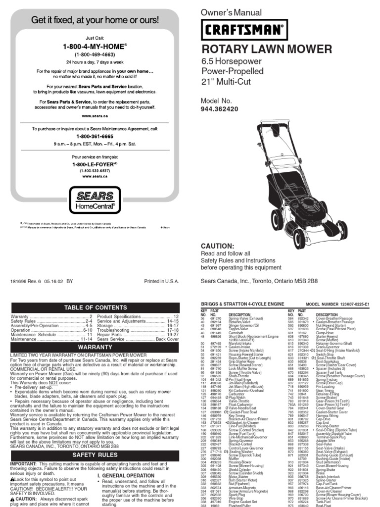 Rotary Lawn Mower: Owner's Manual | PDF | Mower | Lawn Mower