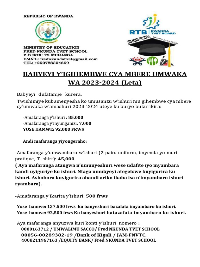 Ababyeyi: Amafaranga y'Ishuri 2023-2024 | PDF | Finance & Money Management