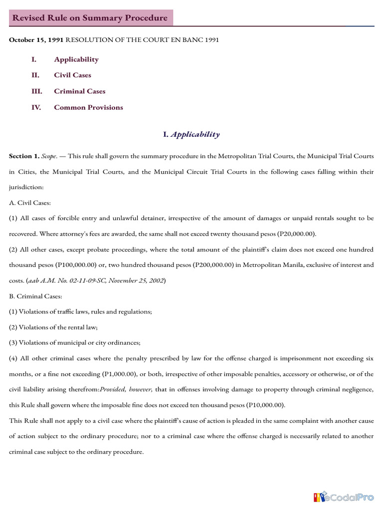 Revised Rule On Summary Procedure | PDF | Complaint | Pleading