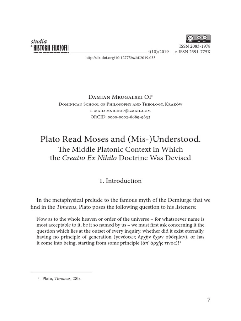 Plato Read Moses and (Mis-) Understood.: The Middle Platonic Context in ...
