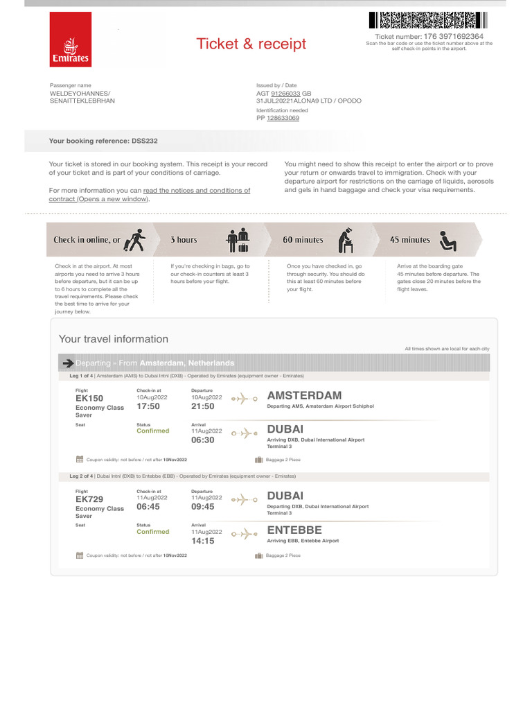 Emirates Ticket Receipt: EK150 & EK729 | PDF | Transport | Aviation