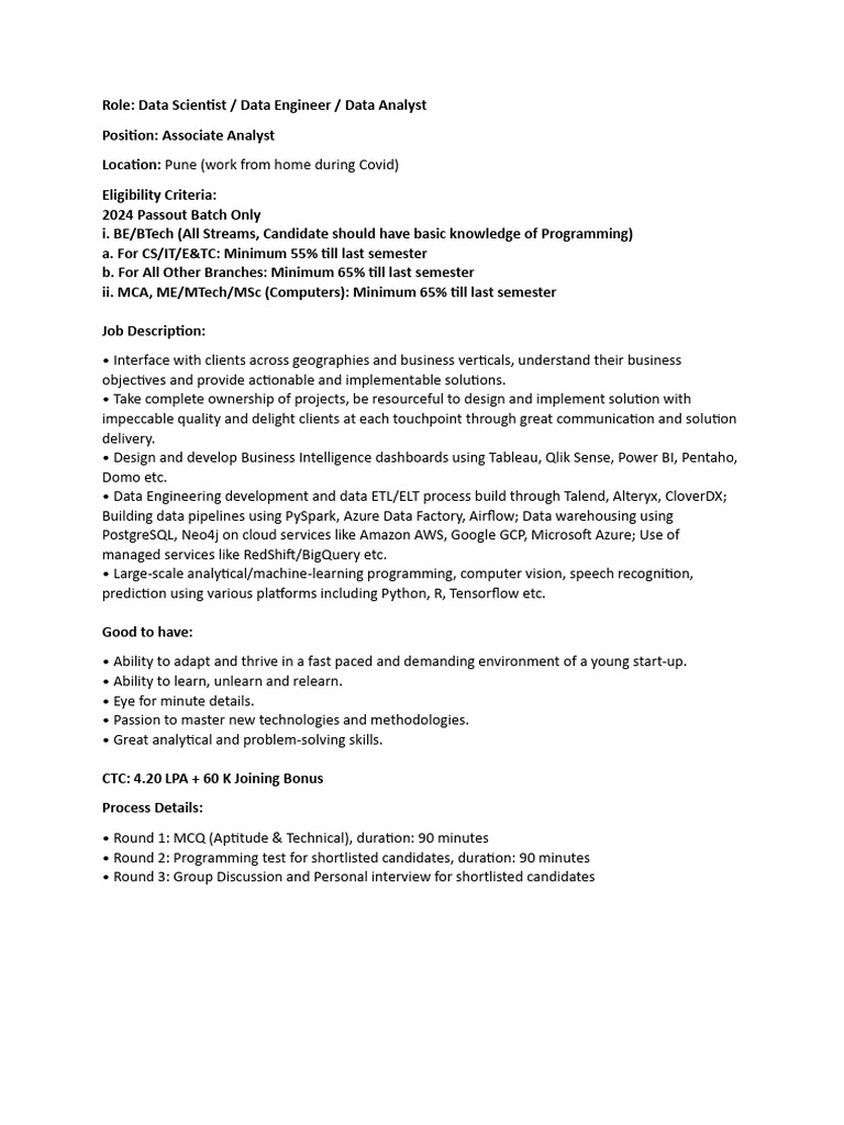 JD Associate Analyst@Rudder Analytics Campus Drive Pune 2024 | PDF