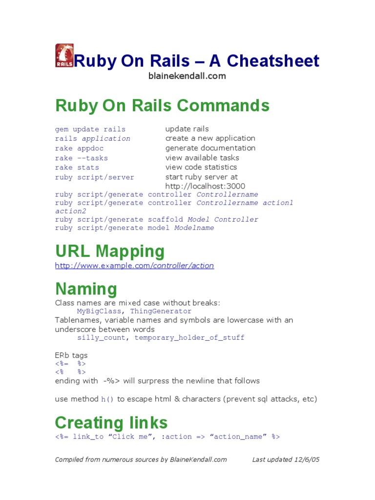 Ruby On Rails Cheatsheet BlaineKendall | PDF | Ruby (Programming Language) | Method (Computer ...