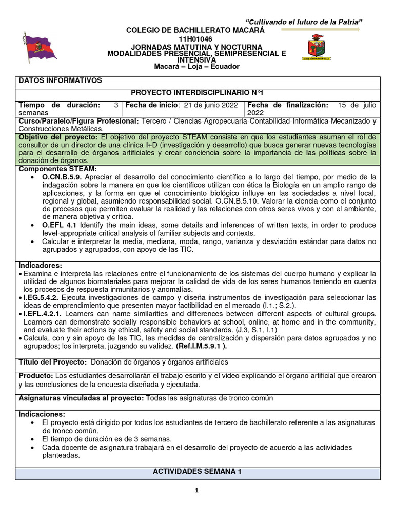 Proyecto 1 Tercero Bgu Bt Pdf