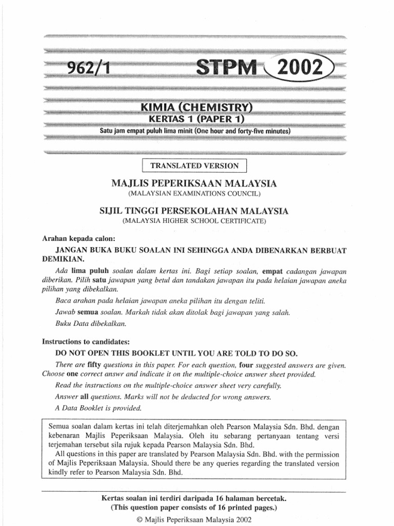 STPM Chemistry 2002 - Paper 1 | PDF