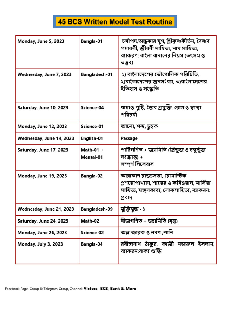 45 BCS Written Model Test Routine: Victors-BCS, Bank & More | PDF