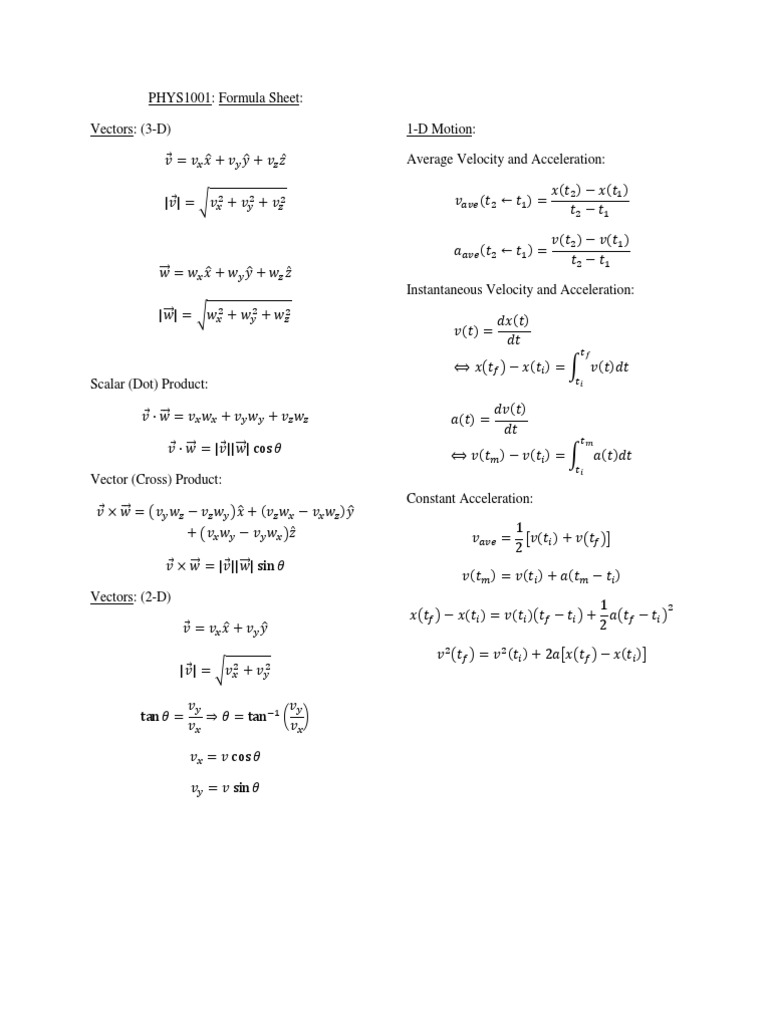 Freshman Physics Formula Sheet | PDF | Rotation Around A Fixed Axis ...