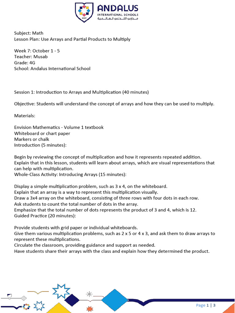 Use Arrays and Partial Products To Multiply Lesson Plan | PDF