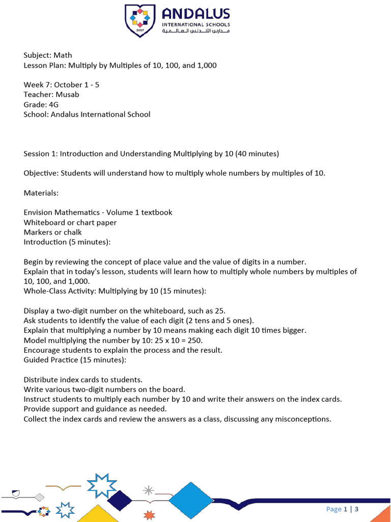 Multiply by Multiples of 10, 100, and 1,000 Lesson Plan | PDF