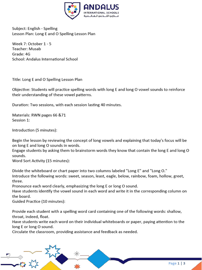 Long e and o Lesson Plan | PDF