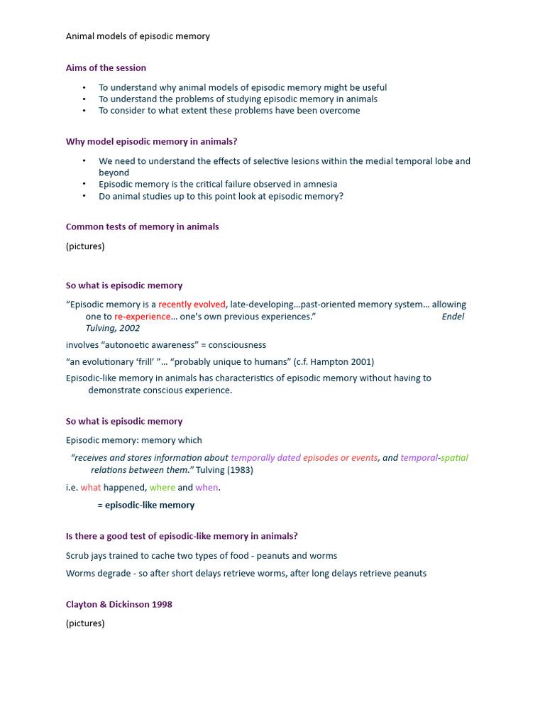 Aims of The Session: Animal Models of Episodic Memory | PDF | Memory ...