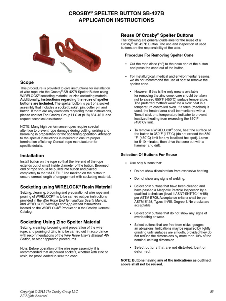 Crosby Spelter Button Sb-427B Application Instructions | PDF