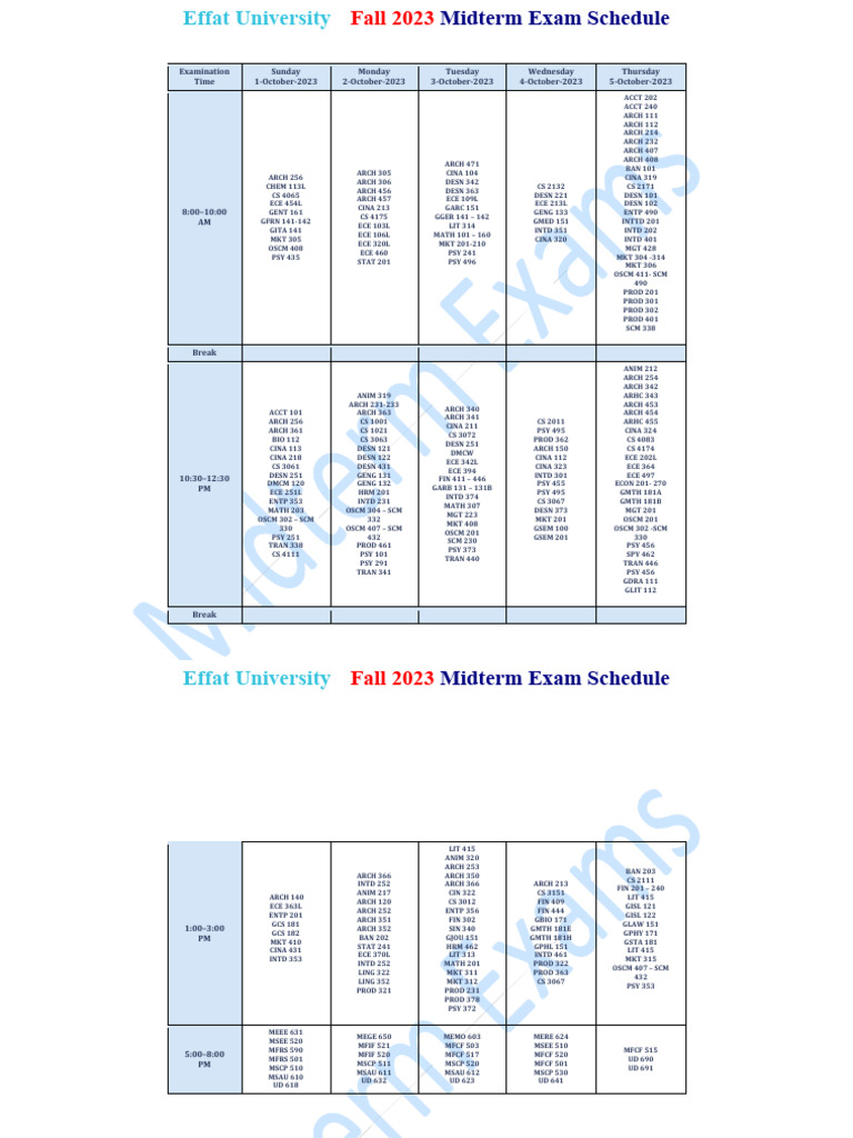 Fall 2023 - Midterm Exam Schedule | PDF
