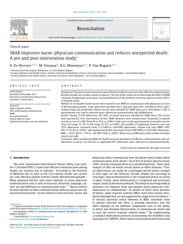 Sbar Improves Nurse Physician Communication Pdf Nursing Medical