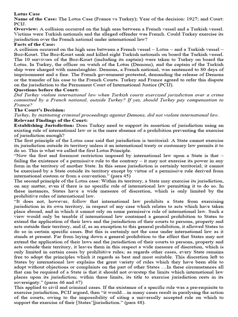 Lotus Case Summary | PDF | Jurisdiction | International Law