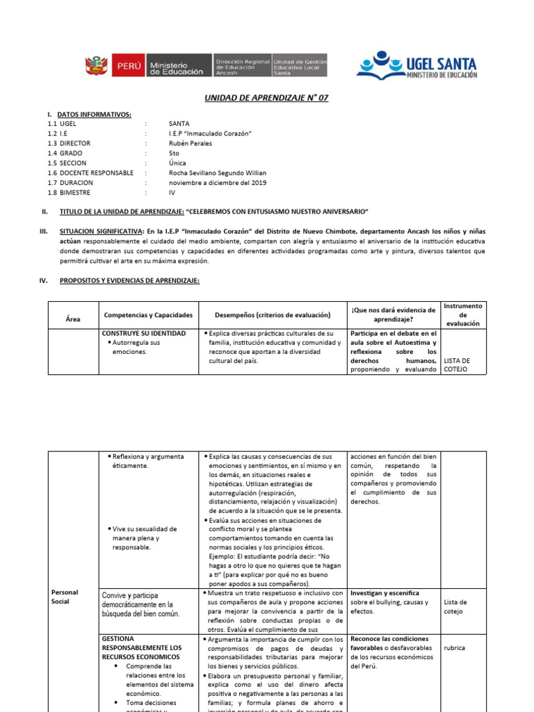 Unidad de Aprendizaje N 7 Quinto Grado | PDF