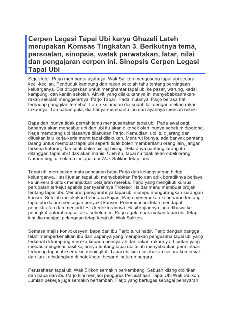 Cerpen Legasi Tapai Ubi Karya Ghazali Lateh Merupakan Komsas Tingkatan ...