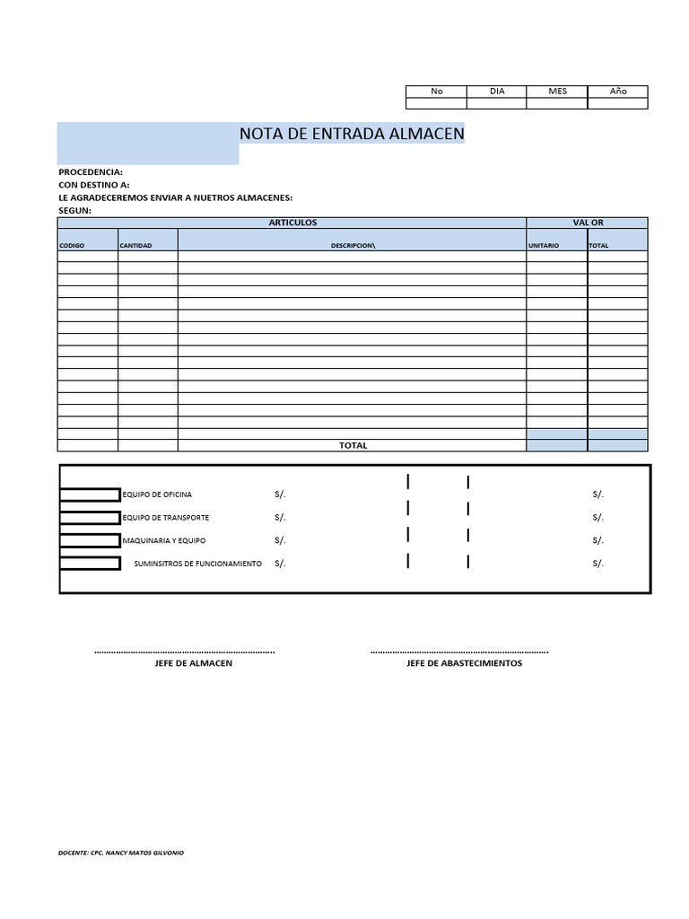 NOTA DE ENTRADA ALMACEN CORREGIDO | PDF