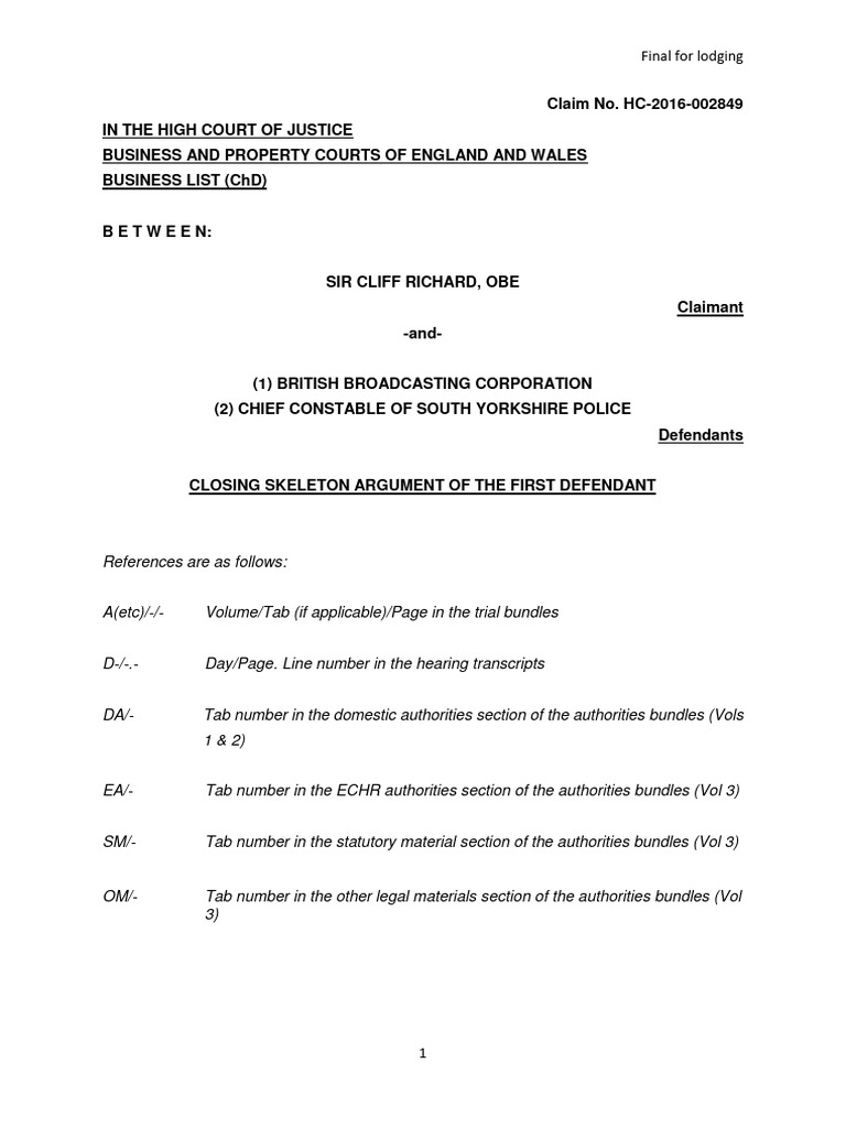 Closing Skeleton Argument of The First Defendant | PDF | Freedom Of ...