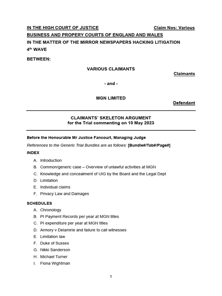 Claimants Skeleton Argument For Trial Various V MGN MNHL 4 May 2023 | PDF