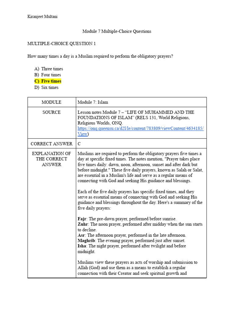 Islamic Multiple Choice Questions & Answers | PDF | Quran | Islam