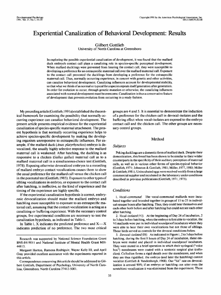 Gottlieb 1991 Experiential canalization of behavioral development ...