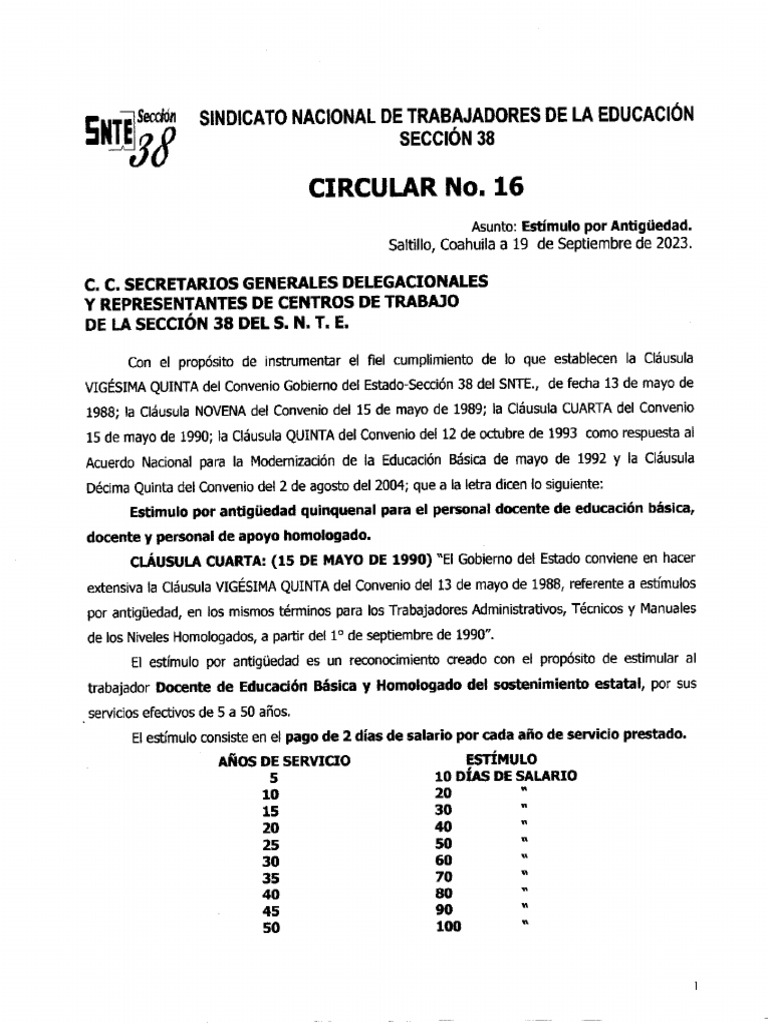 Circular #16 Antiguedad | PDF