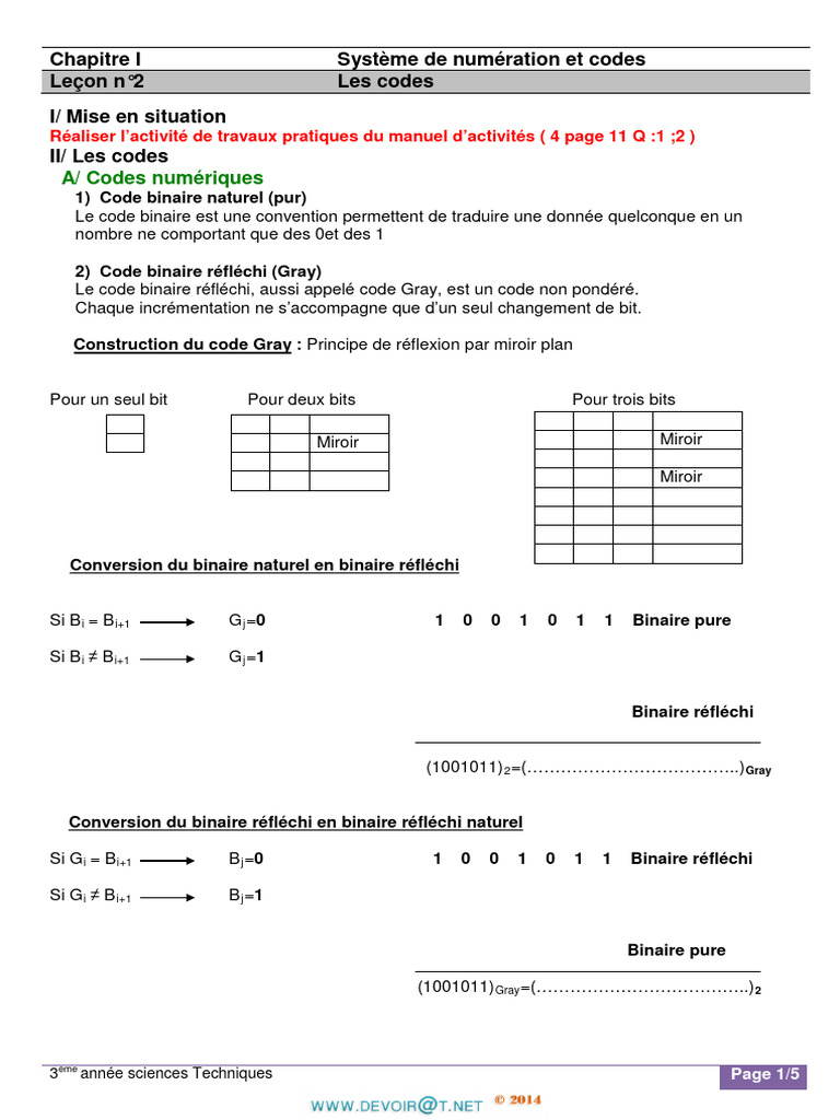 Cours - Génie Électrique Système de Numération Et Codes - 3ème Technique (2013-2014) MR ...