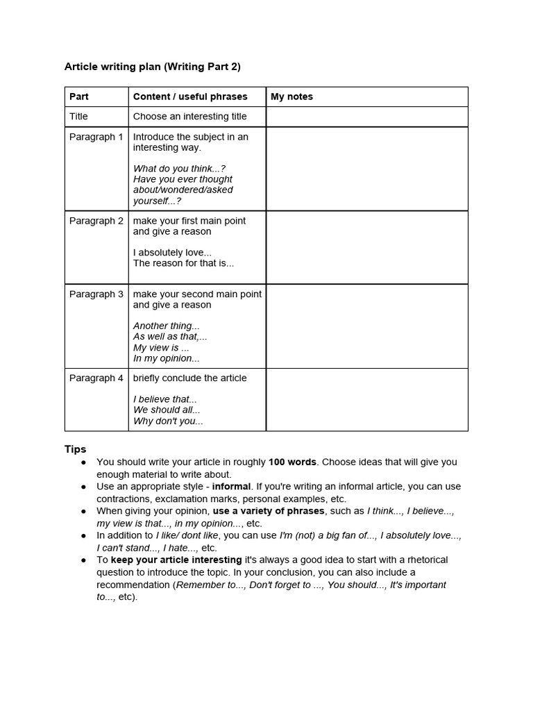 Article Writing Plan (Writing Part 2) | PDF