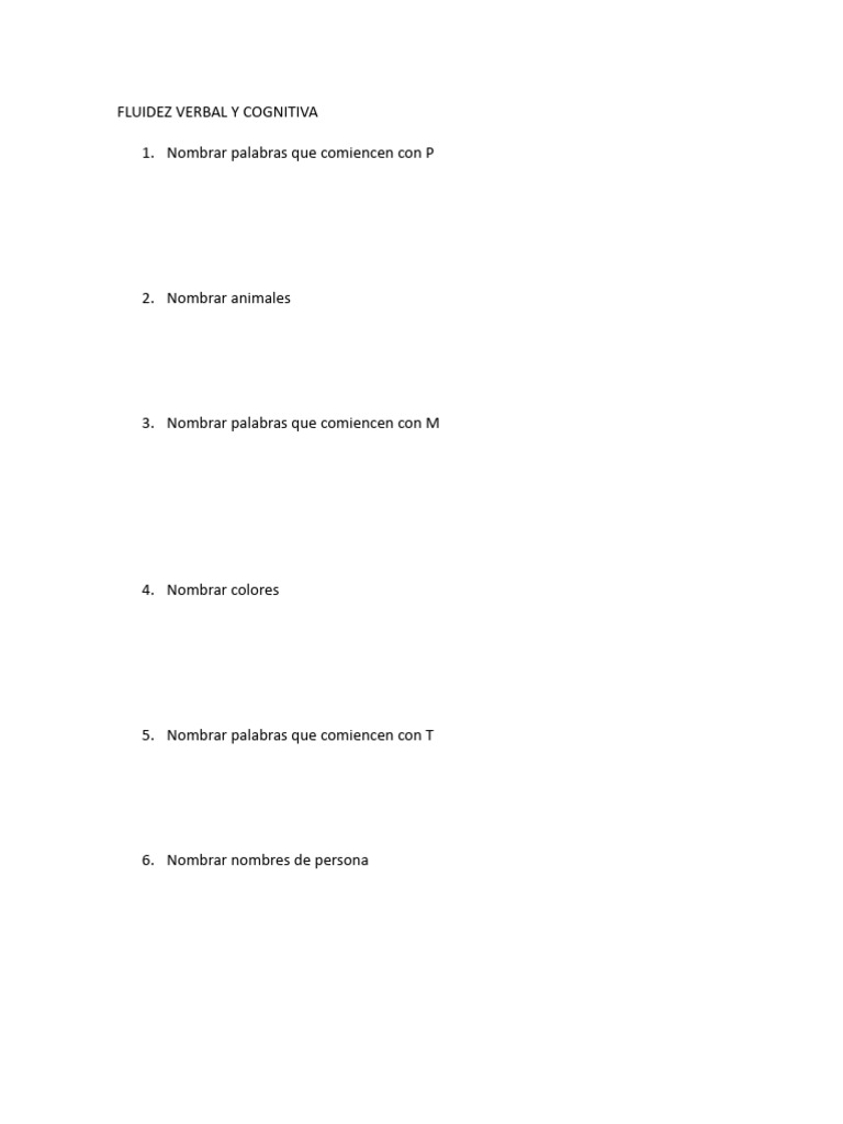 Ejercicios de Fluidez Verbal | PDF