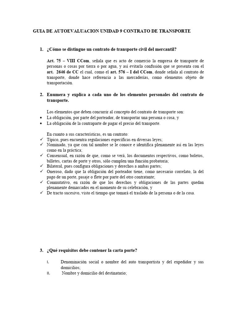 Guia de Autoevaluacion Unidad 9 Contrato de Transporte | PDF | Economias