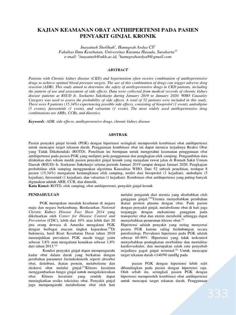 Kajian Keamanan Obat Antihipertensi Pada Pasien Penyakit Ginjal Kronik Hal 333 336 | PDF