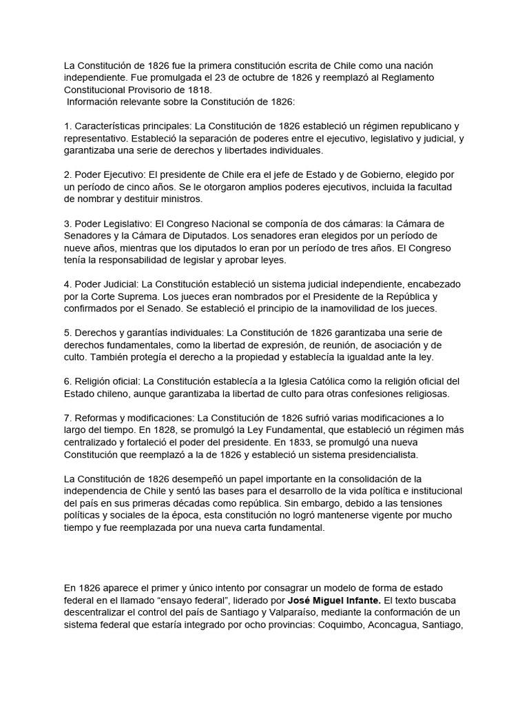 Constitución de 1826: Primer intento federal en Chile | PDF