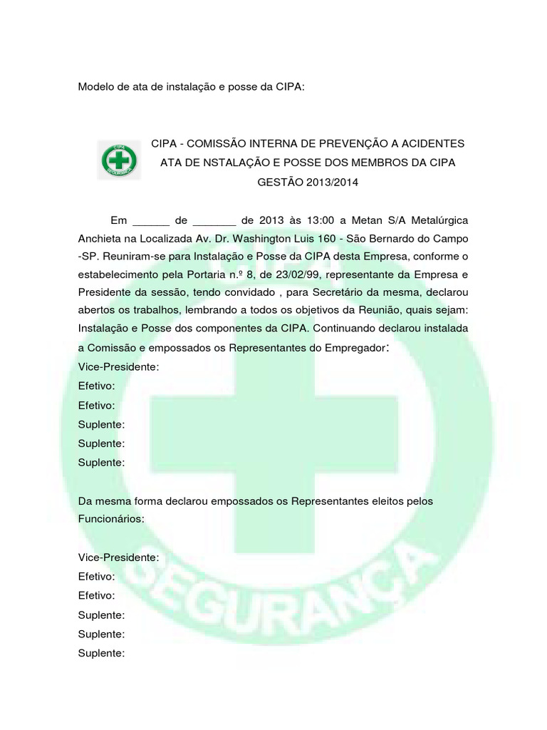 Modelo de Ata de Instalação e Posse Da CIPA | PDF | Negócios