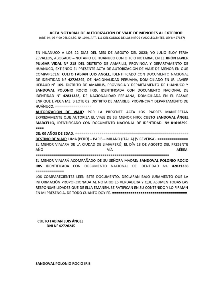 Acta Notarial de Autorización de Viaje de Menores Al Exterior 10 | PDF
