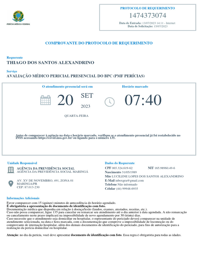 Comprovante de Agendamento Perícia Médica | PDF