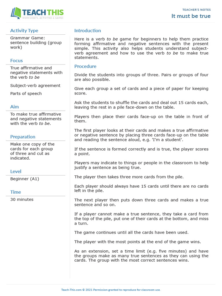 Verb to Be Game for Beginners | PDF