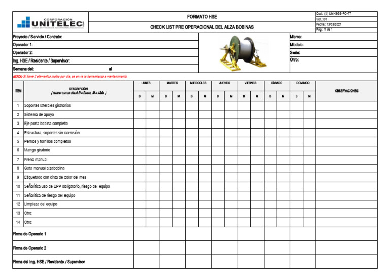 UNI-SGS-FO-77 Check List de Inspección Alza Bobinas Ver. 01 | PDF