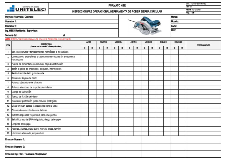 (4) UNI-SGS-FO-82 Check List de Inspección Sierra Circular Ver. 01 | PDF