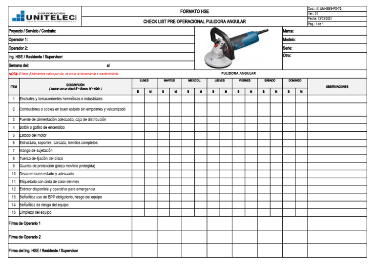 Checklist Pre Operacional Pulidora Angular | PDF